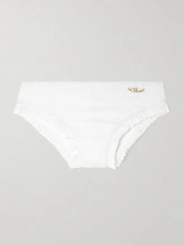 Chloé Embellished Ruffled Broderie Anglaise Bikini Briefs - White