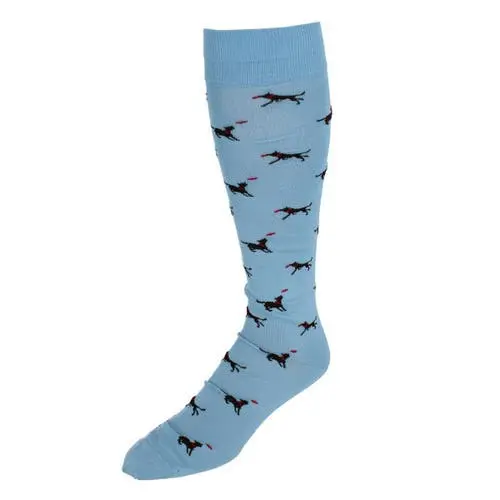 Trafalgar Dog With Frisbee Pima Cotton Novelty Dress Socks - Light Blue