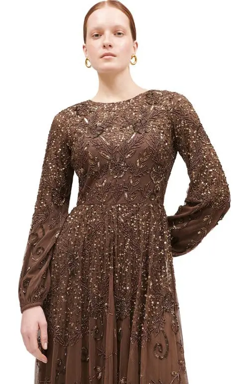 MARYISA Embellished Sequin A-line Maxi Dress