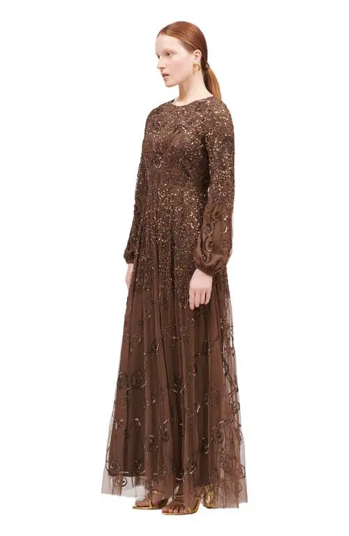 MARYISA Embellished Sequin A-line Maxi Dress