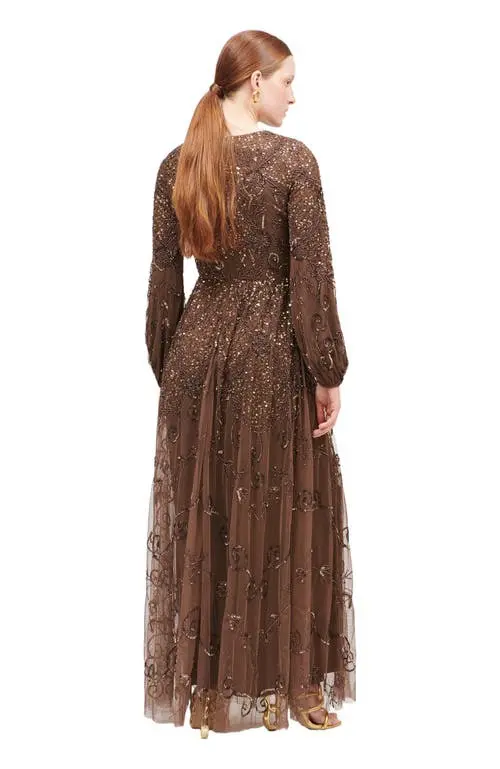 MARYISA Embellished Sequin A-line Maxi Dress