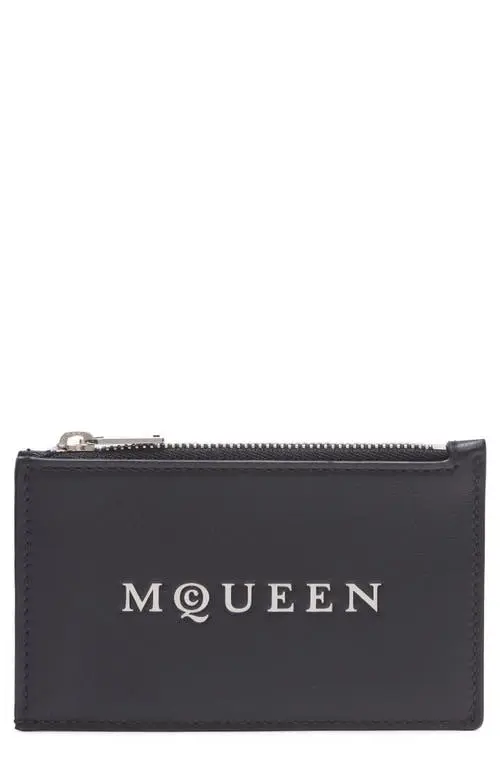 Alexander McQueen Logo Leather Zip Card Case - Black/ Bone/ Silver
