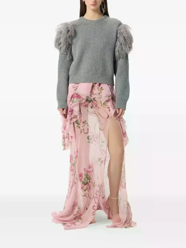 Blumarine Feather-embellished Ribbed Sweater - Grey