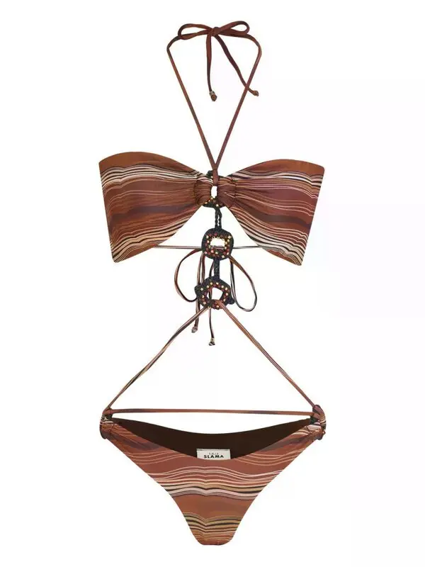 AMIR SLAMA Striped Bead-embellished Swimsuit - Brown