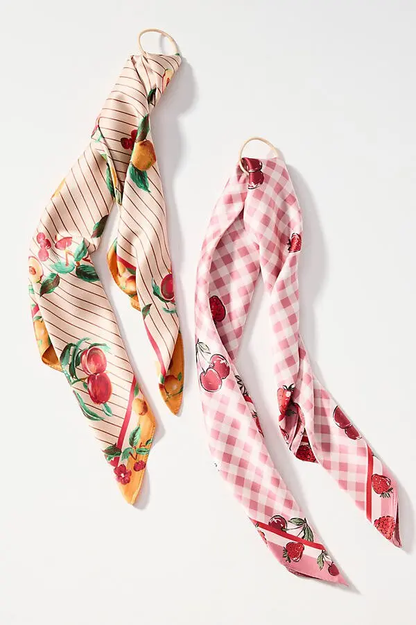 Anthropologie Summer Fruits Prted Hair Scarves, Set Of 2 - Cherry Gingham/cherry Ora