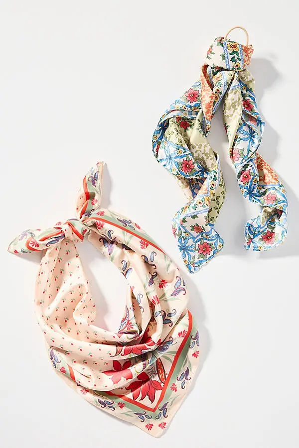 Anthropologie Summer Fruits Prted Hair Scarves, Set Of 2 - Ivory Pattern