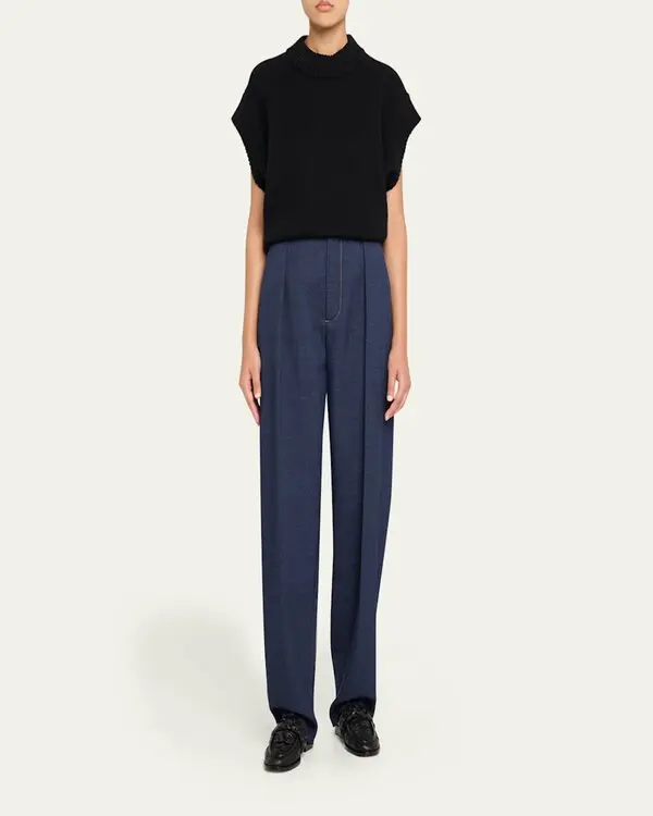 Bottega Veneta Melange Wool Drill Pleated Trousers - Indigo