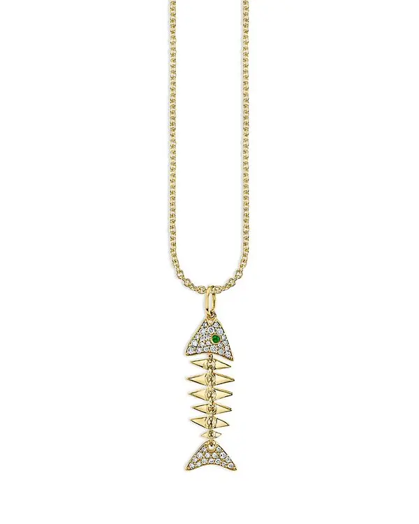 SYDNEY EVAN 14k Yellow Diamond And Emerald Fishbone Pendant Necklace - Gold