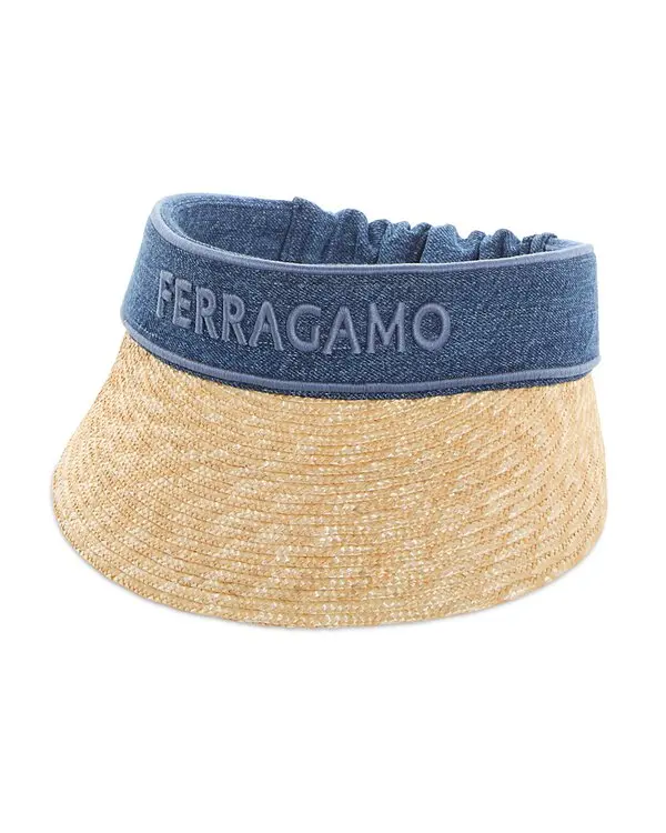 FERRAGAMO Denim & Raffia Logo Visor - Naturale