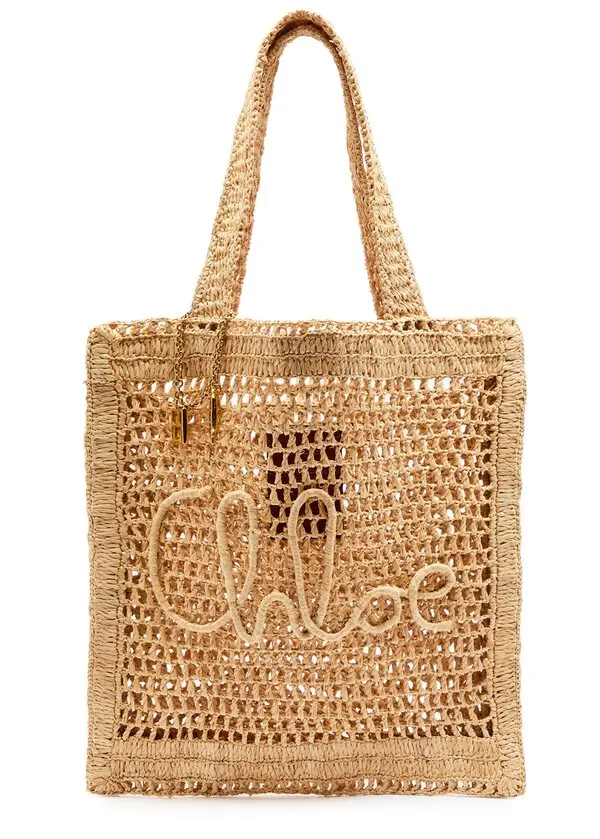 Chloé Raffia Tote With Logo And Charm - Sand