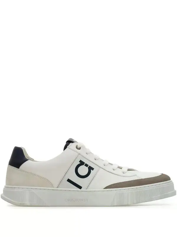 FERRAGAMO Logo-embroidered Leather Sneakers - Grey