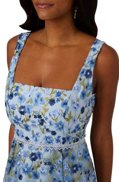 Adrianna Papell Floral Embroidered Lace Trimmed Midi Dress - Blue Multi |  Editorialist