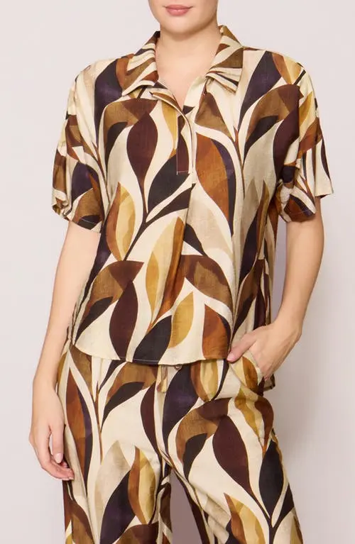 MELLODAY Woven Pullover Shirt - Beige Multi Leaf