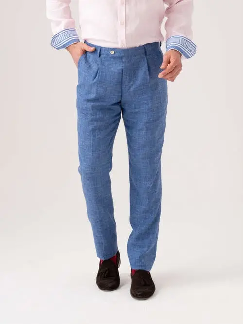 KOY CLOTHING Tailored Linen Blend Trousers With Kikoy Detailing - Blue