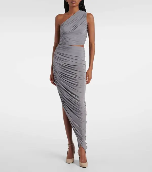 Alaïa Asymmetrical Ruched Jersey Maxi Dress - Grey
