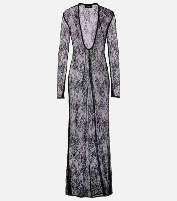 ADRIANA DEGREAS Sheer Lace Maxi Dress - Black
