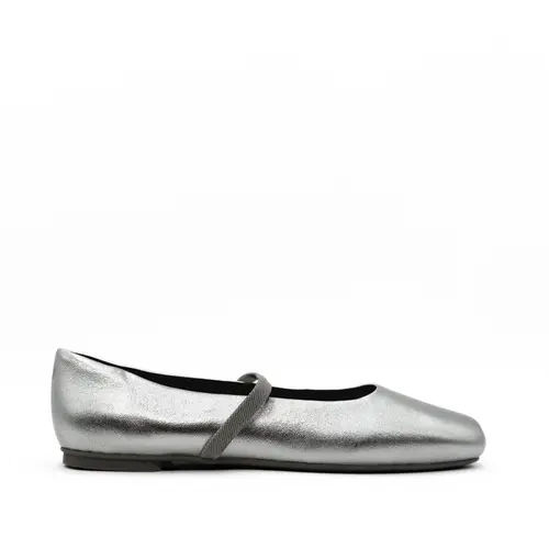 AMIE RAFA Mary" Leather Ballet Flats With Elastic Strap - Silver