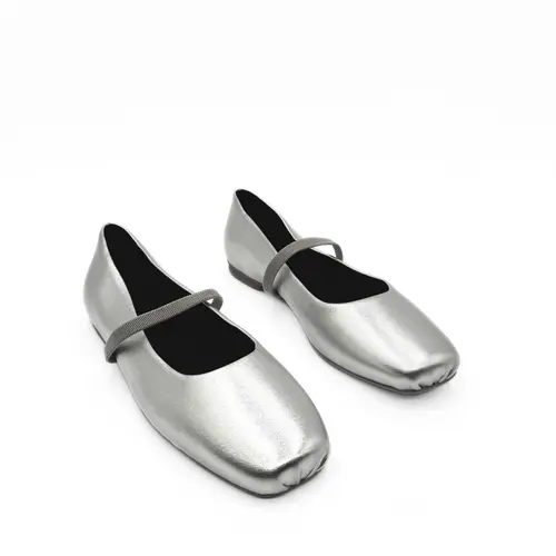 AMIE RAFA Mary" Leather Ballet Flats With Elastic Strap - Silver