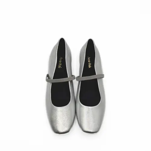 AMIE RAFA Mary" Leather Ballet Flats With Elastic Strap - Silver
