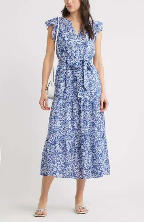 Caslon Printed Ruffle-Sleeve Midi Dress In Blue- White River Paisley - 50%  Off | Editorialist