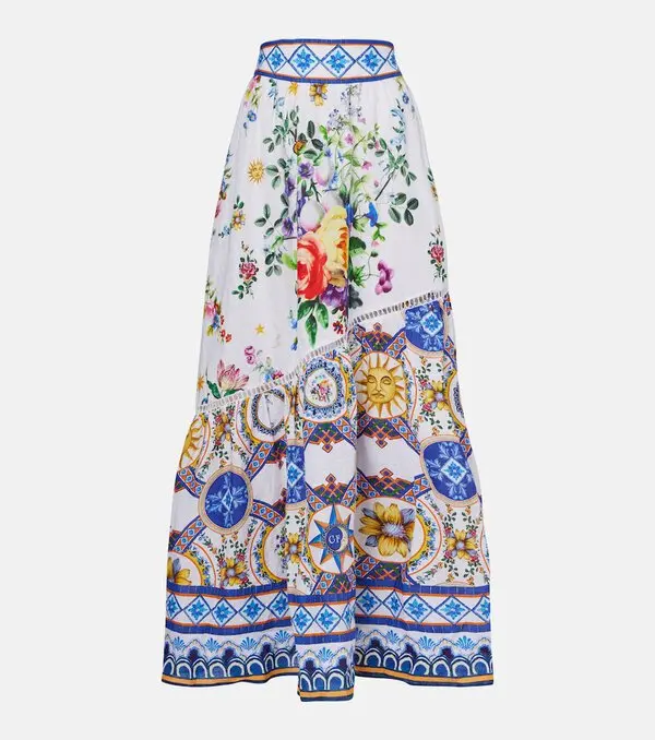Camilla Printed Linen Maxi Skirt - White