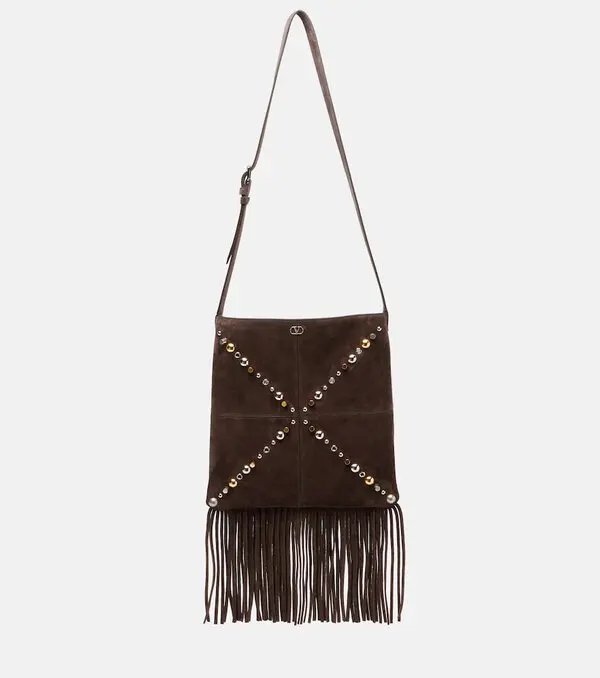 Valentino Garavani Suede Shoulder Bag With Embellishments And Fringe - Brown