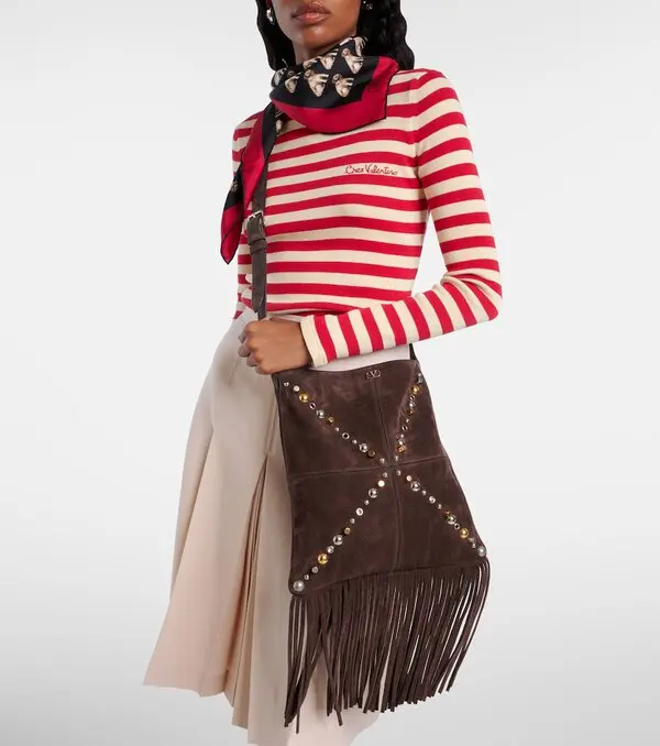 Valentino Garavani Suede Shoulder Bag With Embellishments And Fringe - Brown