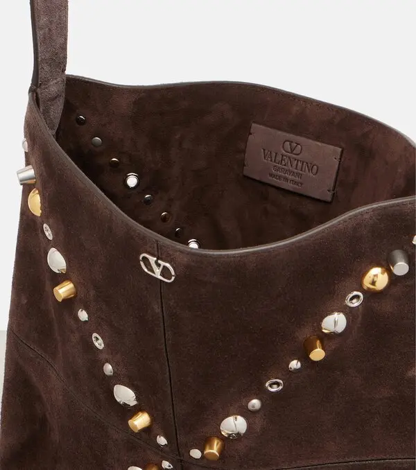 Valentino Garavani Suede Shoulder Bag With Embellishments And Fringe - Brown