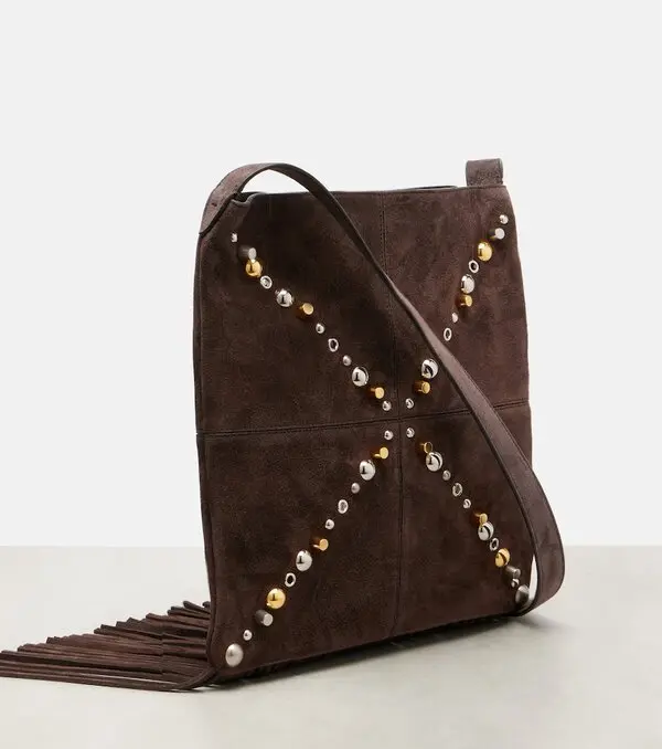 Valentino Garavani Suede Shoulder Bag With Embellishments And Fringe - Brown