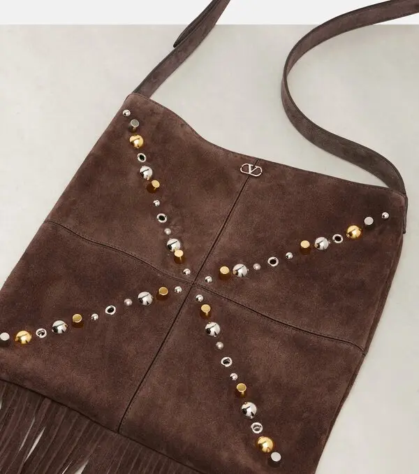 Valentino Garavani Suede Shoulder Bag With Embellishments And Fringe - Brown