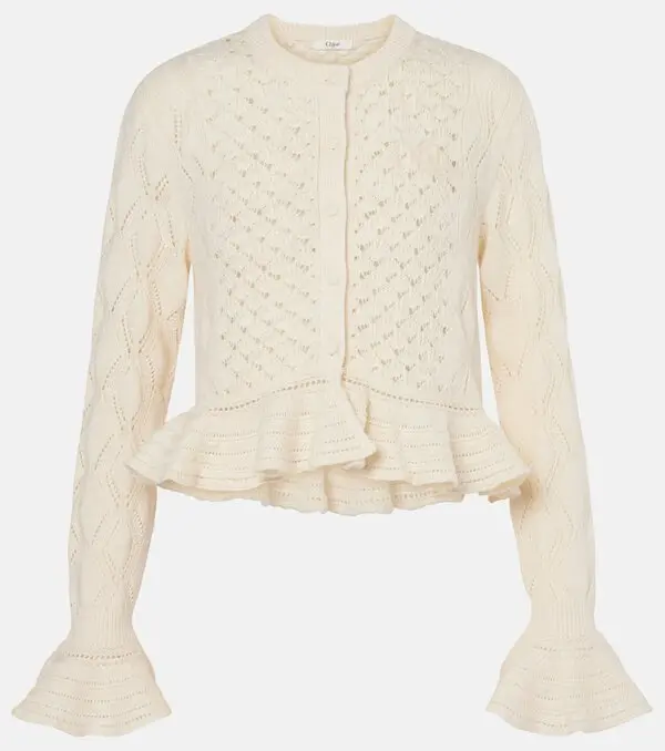 Chloé Ruffled Cotton, Wool, And Silk Cardigan - White