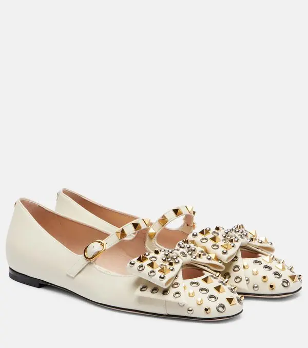 Valentino Garavani Bowow Studded Leather Mary Jane Flats - White