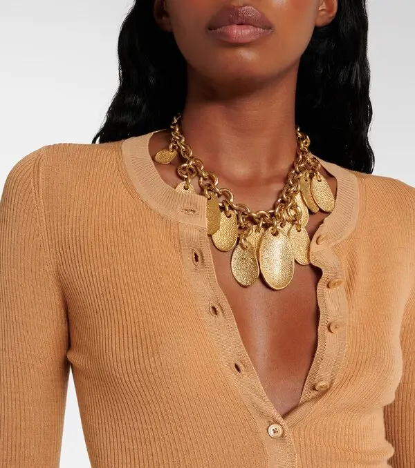 Chloé Ribbed-knit Wool Henley Shirt With Lace Collar - Orange