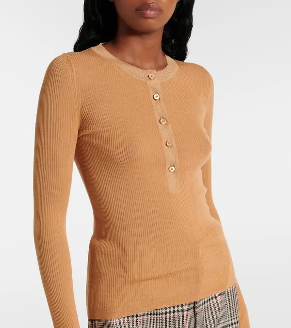 Chloé Ribbed-knit Wool Henley Shirt With Lace Collar - Orange