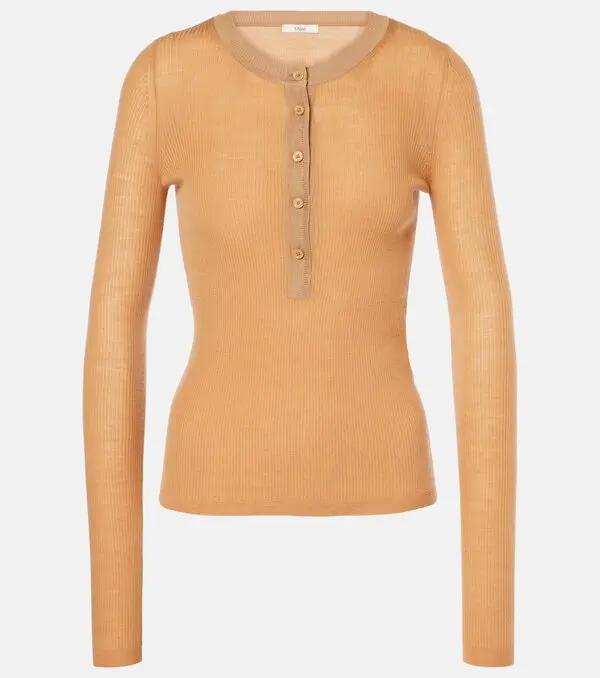 Chloé Ribbed-knit Wool Henley Shirt With Lace Collar - Orange
