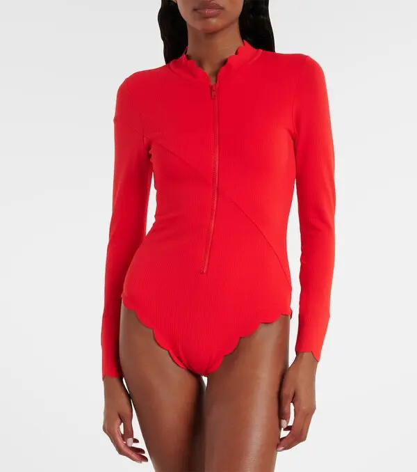 Marysia North Sea Scalloped Rashguard Swimsuit - Red