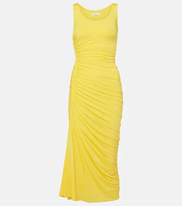 Alaïa Asymmetric Gathered Jersey Midi Dress