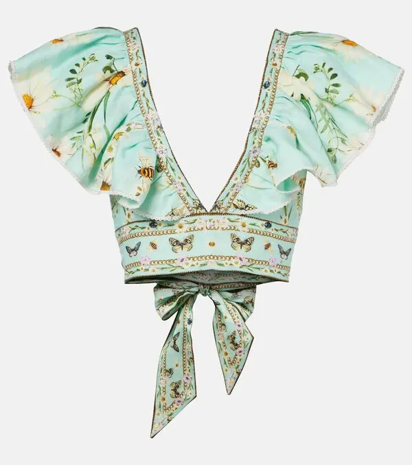 Camilla Floral Linen Crop Top - Blue