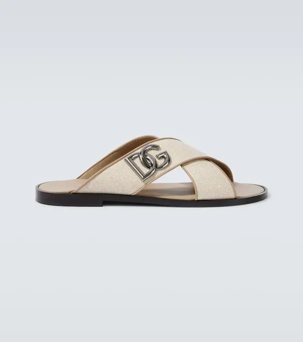 Dolce & Gabbana Leather-trimmed Canvas Slides - Neutrals