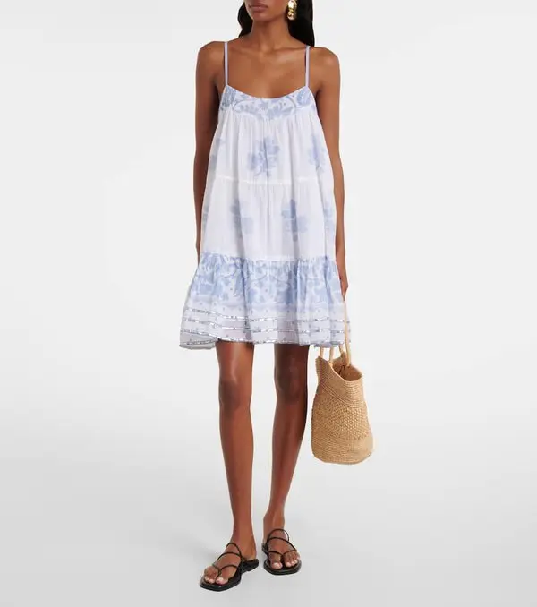JULIET DUNN Printed Ruched Cotton Slip Dress