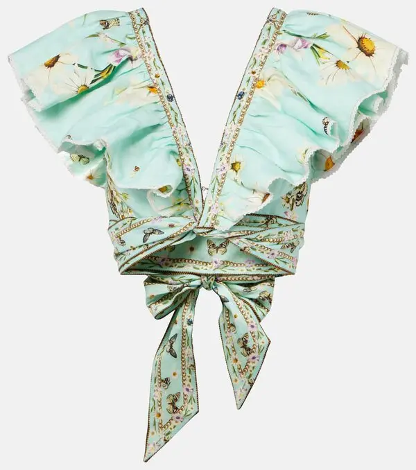 Camilla Floral Linen Crop Top - Blue