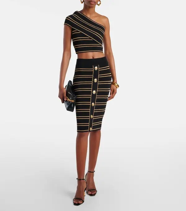 Balmain Striped One-shoulder Crop Top