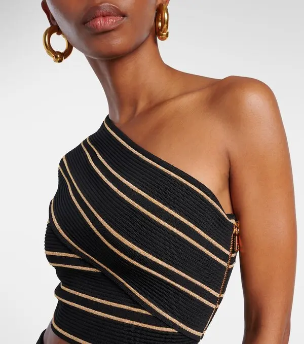 Balmain Striped One-shoulder Crop Top