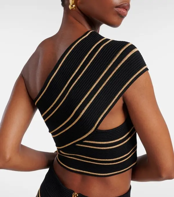 Balmain Striped One-shoulder Crop Top