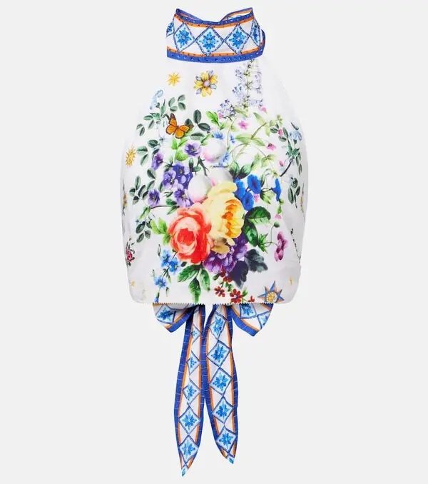 Camilla Embellished Halterneck Linen Top - Multicoloured