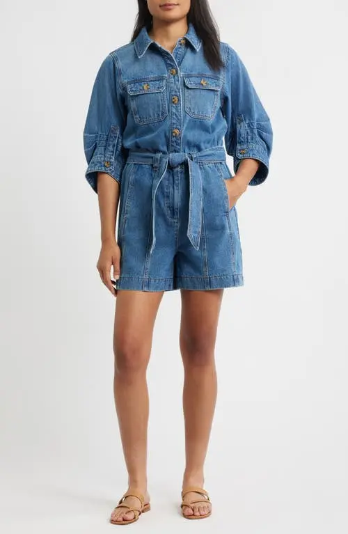 Wit & Wisdom Barrel Sleeve Tie Waist Denim Romper - Mid Blue