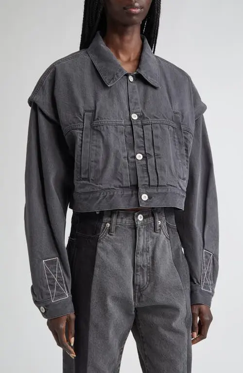 KURO Power Shoulder Denim Cropped Jacket - Black