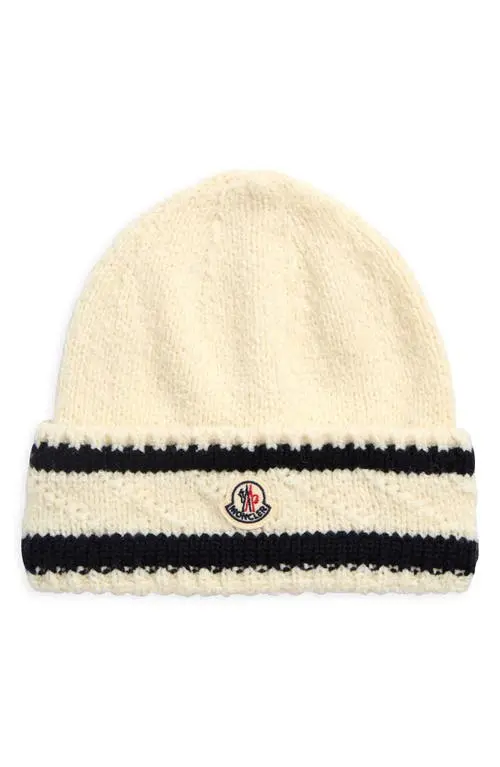 Moncler Logo Stripe Cuff Virgin Wool-blend Beanie - White/ Navy