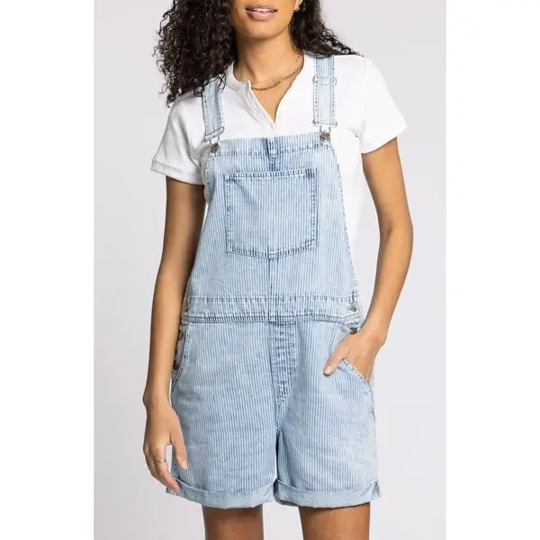 THREAD & SUPPLY Connor Short Denim Overalls - Washed Indigo Stripe