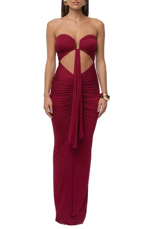 JLUXLABEL Drape Cutout Strapless Body-con Maxi Cocktail Dress - Red